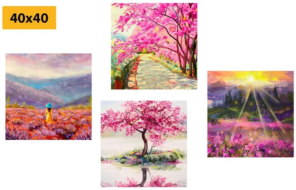 Set obrazů nádherná imitace olejomalby v růžové barvě Varianta: 4x 60x60
