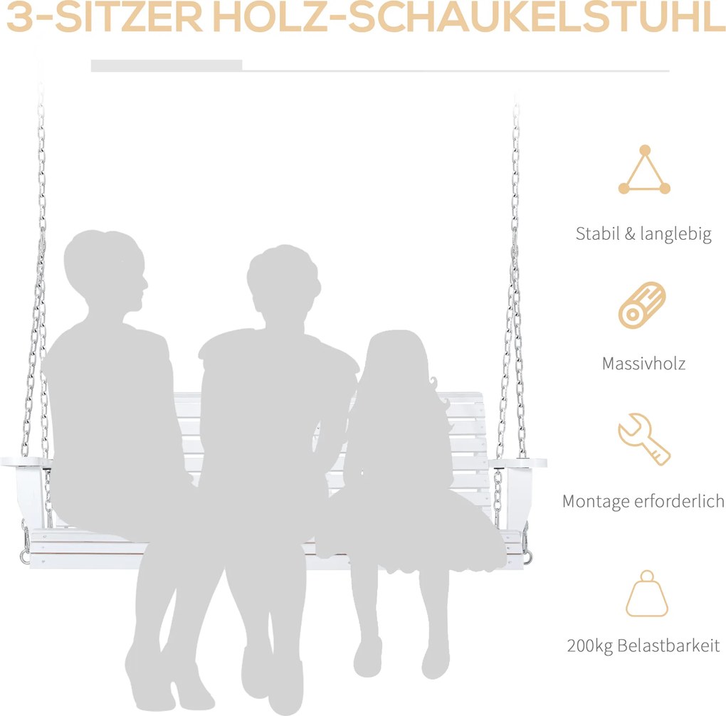 Outsunny závěsná lavice zahradní houpačka houpací lavice se skládacím stolkem pro 2-3 osoby jedlové dřevo pohodlná terasa 150 x 75 x 53 cm Bílá | Aos…