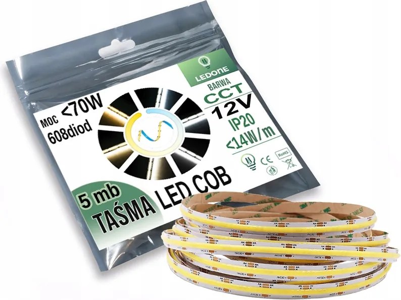 Led pásek Cob 12V 608 diod 14W/mb na 5 m linka Multiwhite Cct role 5 m