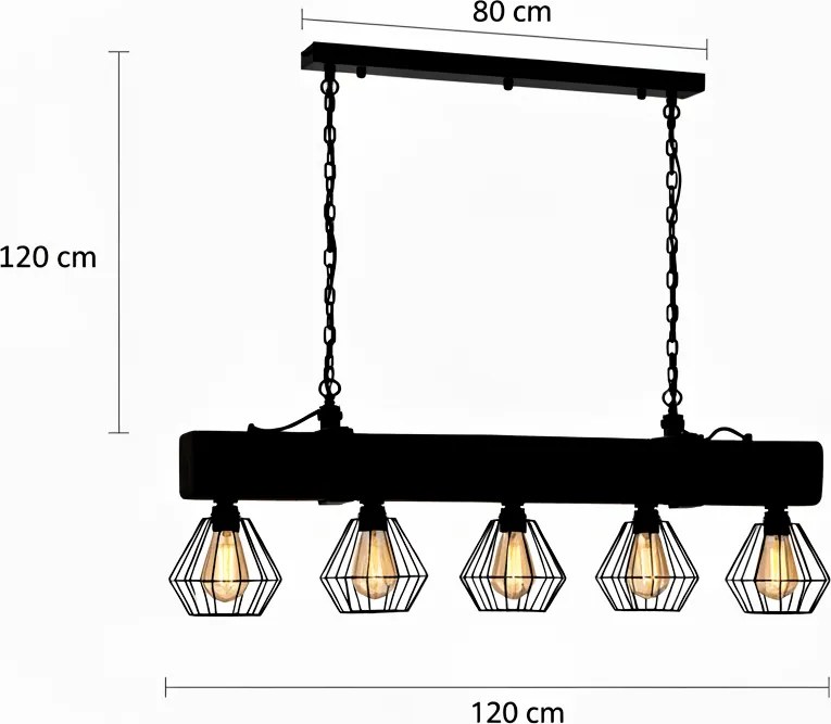 Svítidlo z trámu-světlé dřevo RUSTIC CAGE 120 cm 5xE27
