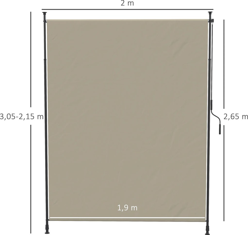Boční markýza, montáž bez vrtání, výškově nastavitelná, s ruční klikou, kovový rám, písková barva, 2 x 2,15-3,05 m