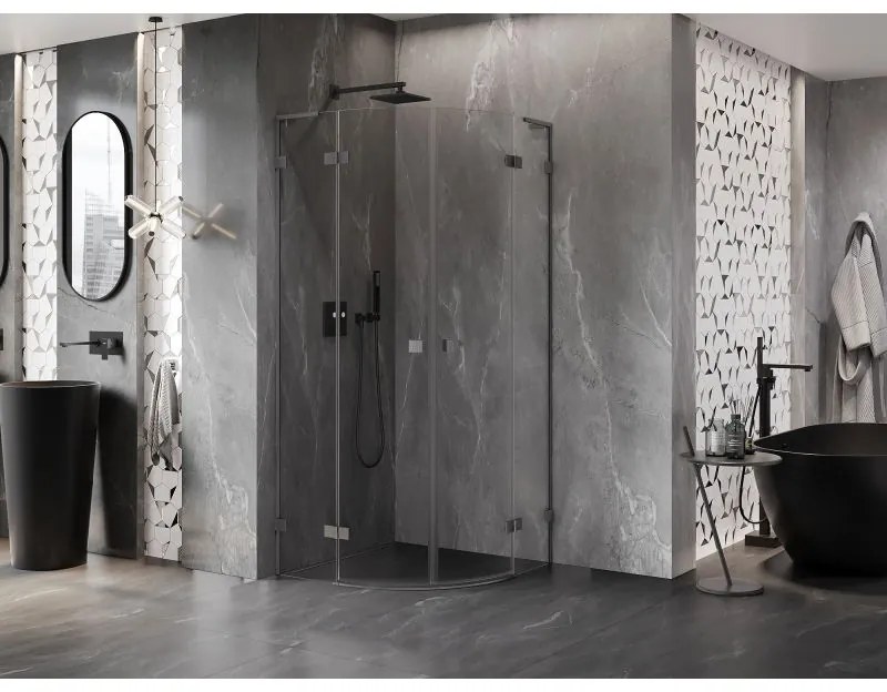 Mexen Lunar, L půlkruhový výklopný sprchový kout 90 x 90 cm, 8mm čiré sklo, pistolově šedý kartáčovaný - 833L-090L-090P-66-00