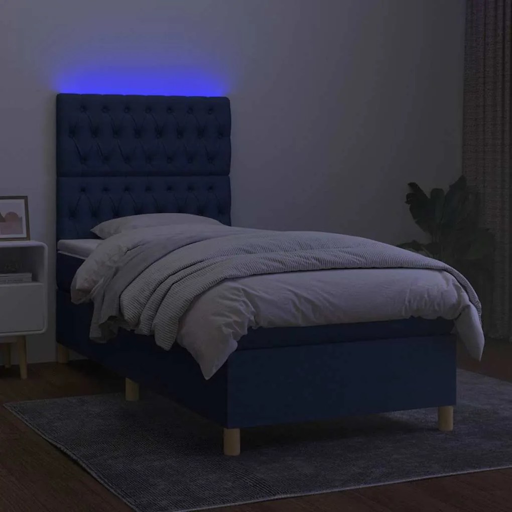 Box spring postel s matrací a LED modrá 90x200 cm textil 3135651
