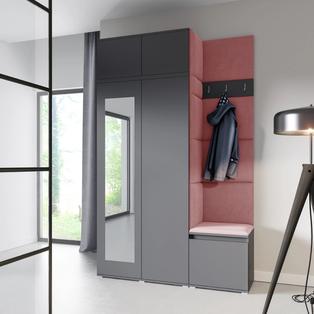Eka Předsíňová stěna s čalouněnými panely Trinity 20 - Grafit / Tmavá růžová 2323