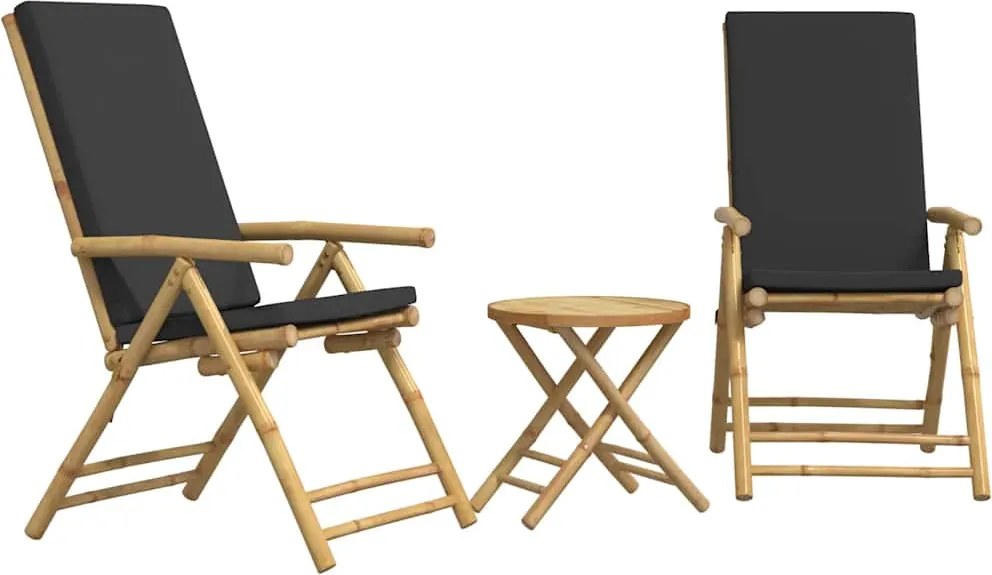 3dílný skládací bistro set s tmavě šedými poduškami bambus 3208938