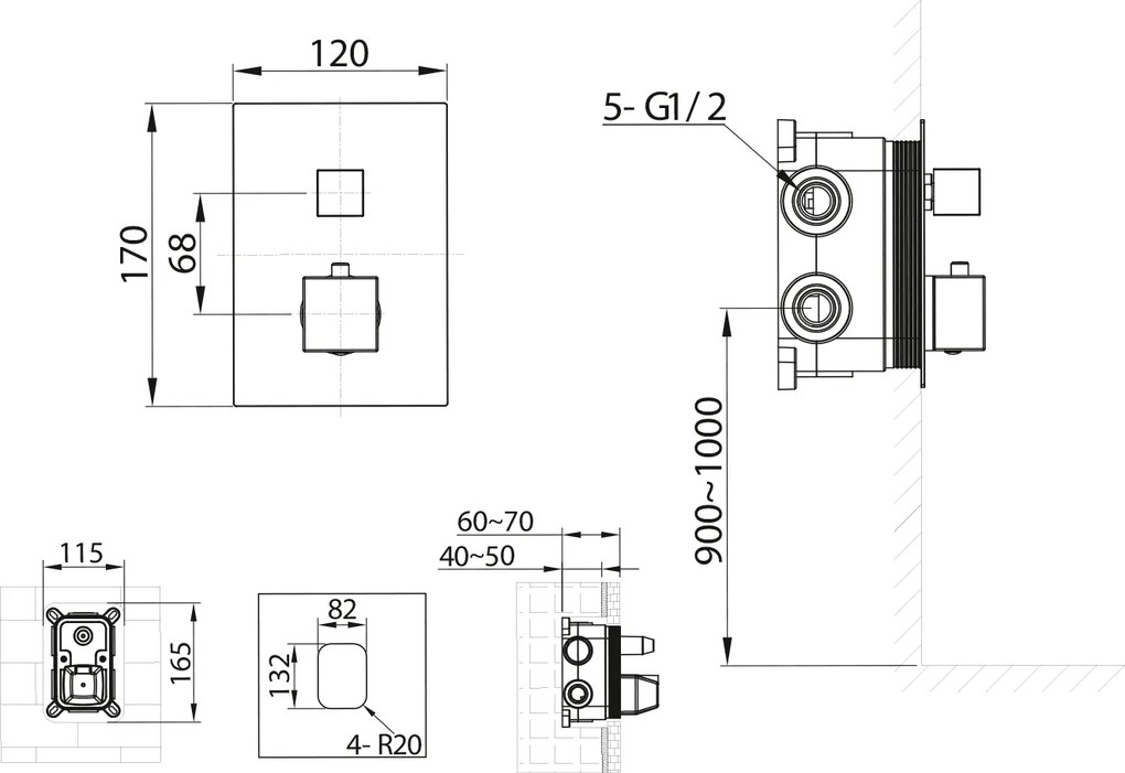Sapho Sapho, Podomítková sprchová termostatická baterie, box, 3 výstupy, chrom, 1102-33