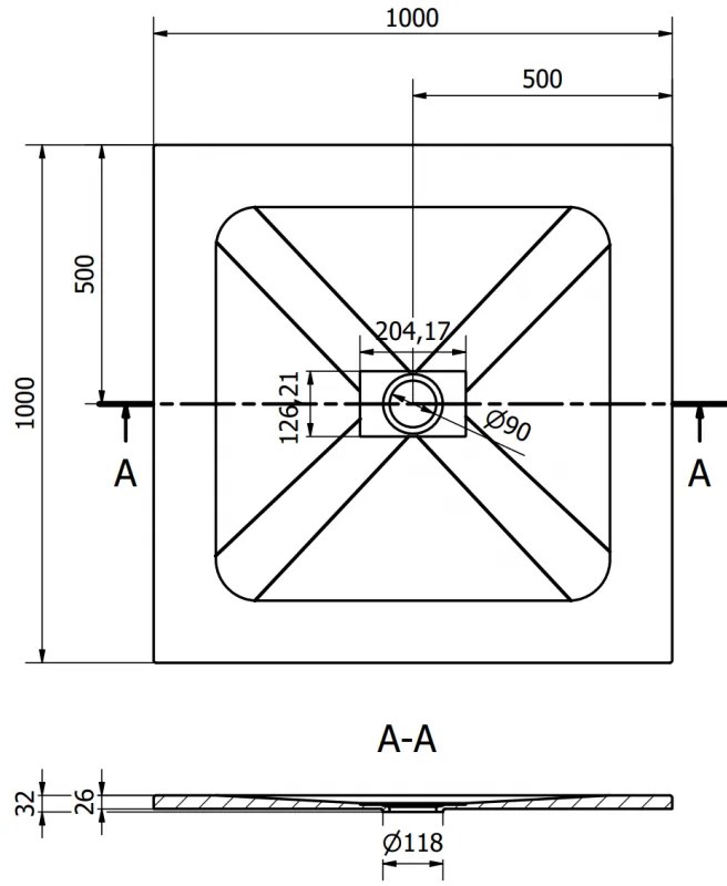 Mexen Hugo, čtvercová sprchová vanička SMC 100 x 100 cm, bílá, zlatá krytka, 42101010-G