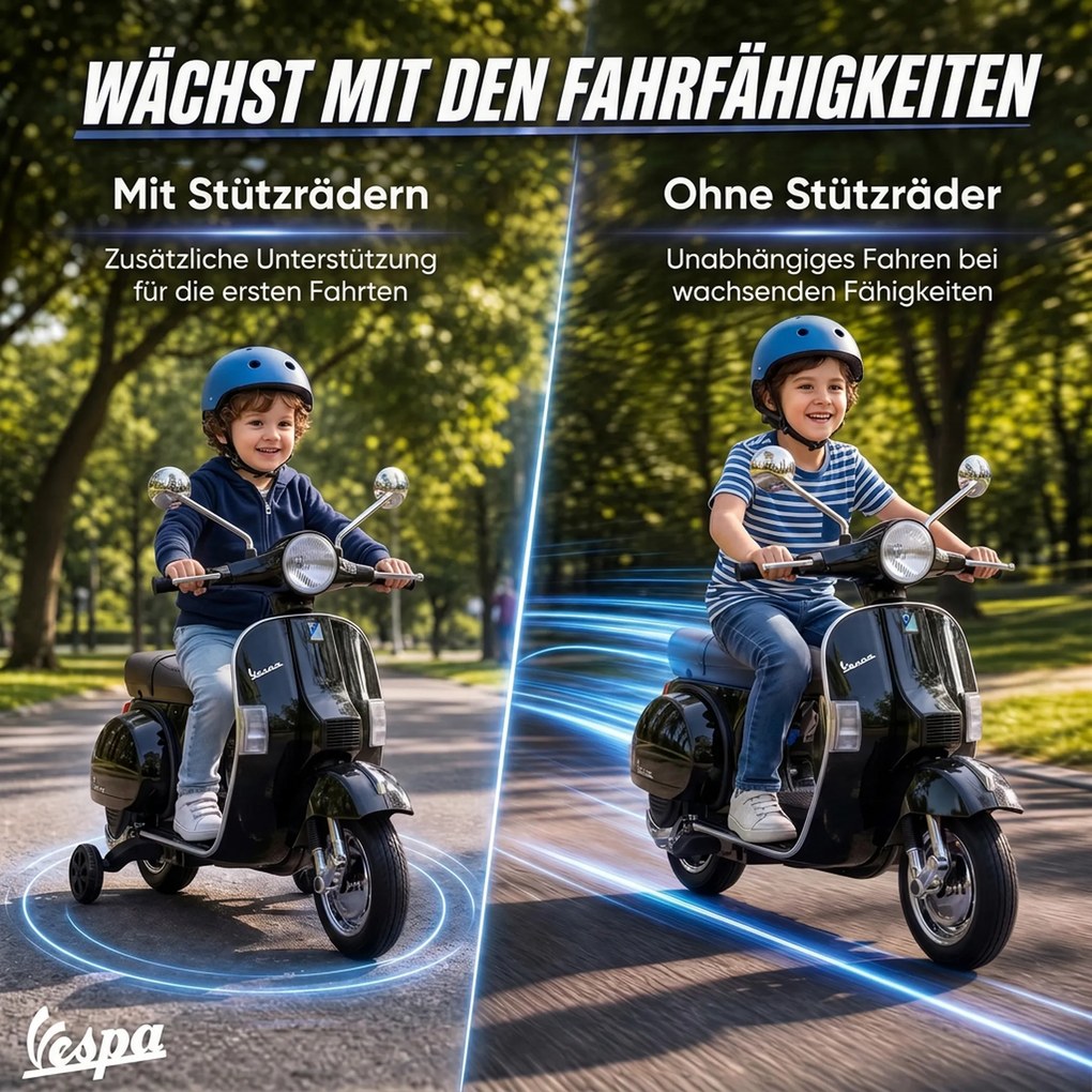 AIYAPLAY dětská elektrická Vespa PX150, Li-ion baterie, černá