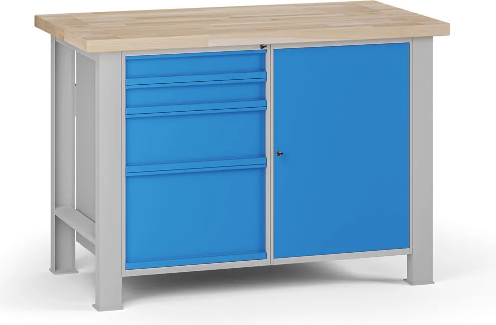 Dílenský pracovní stůl G7, buková spárovka, 1200 x 685 x 840 mm, 1x skříňka, 4 zásuvky, modrá
