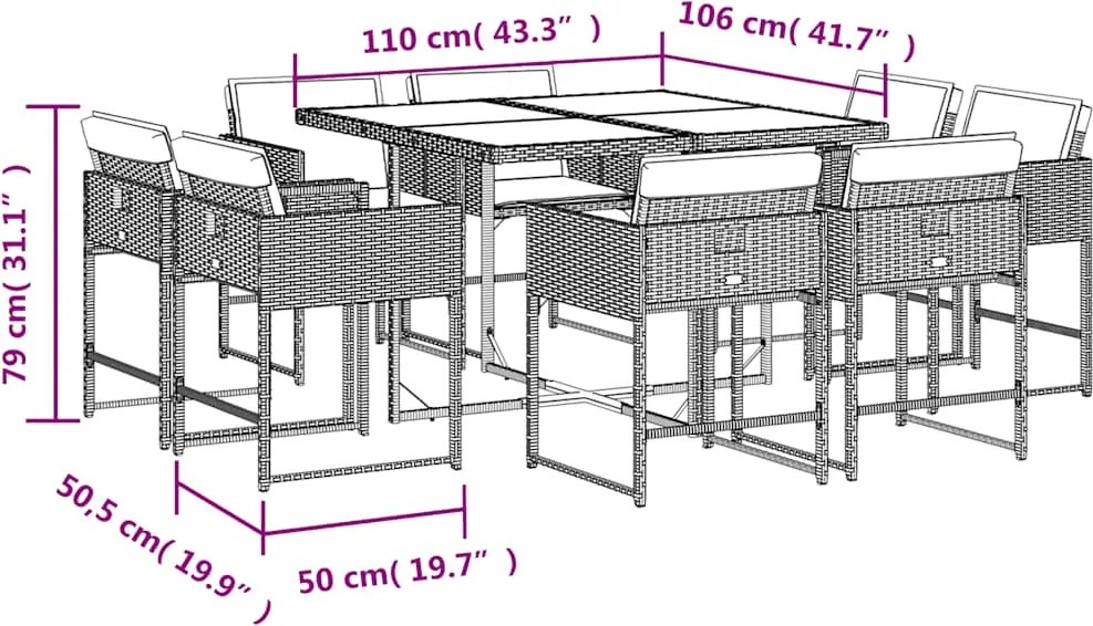 9dílný zahradní jídelní set s poduškami béžový polyratan 3211378