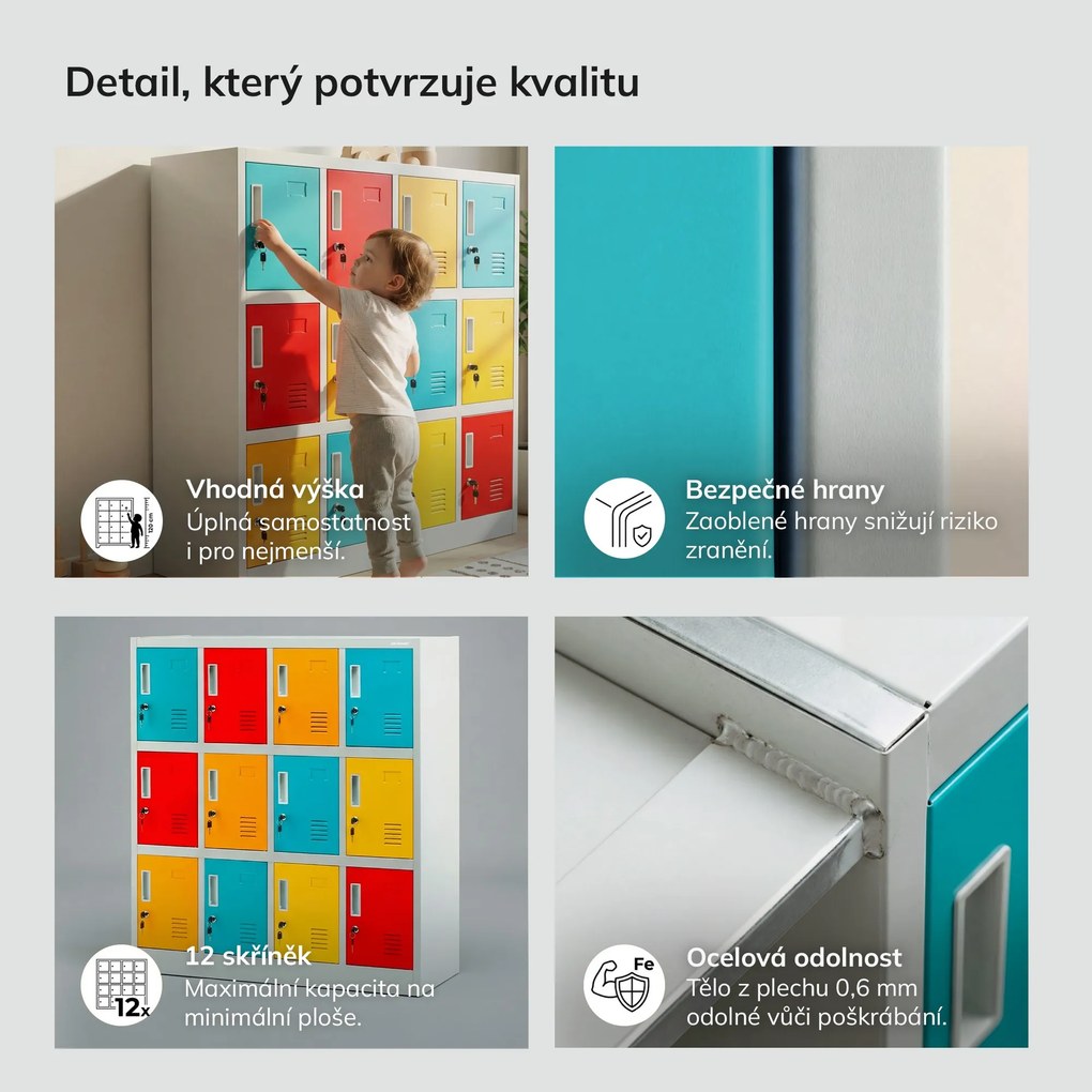 Plechová šatní skříň s 12 boxy OLA, 1090 x 1200 x 450 mm, šedo-více barevní