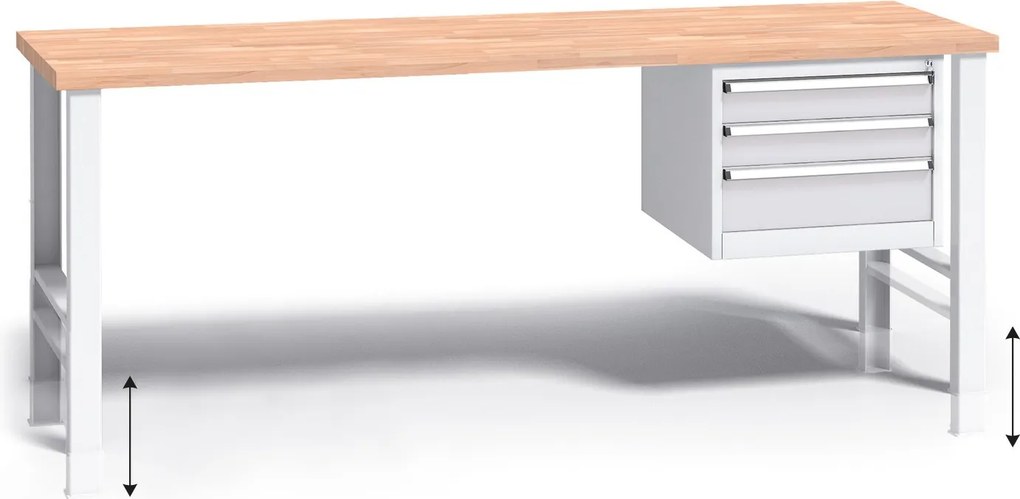 Výškově nastavitelný pracovní stůl do dílny G3 se závěsným boxem na nářadí, buková spárovka, 3 zásuvky, 2000 x 685 x 840 - 1050 mm, šedá