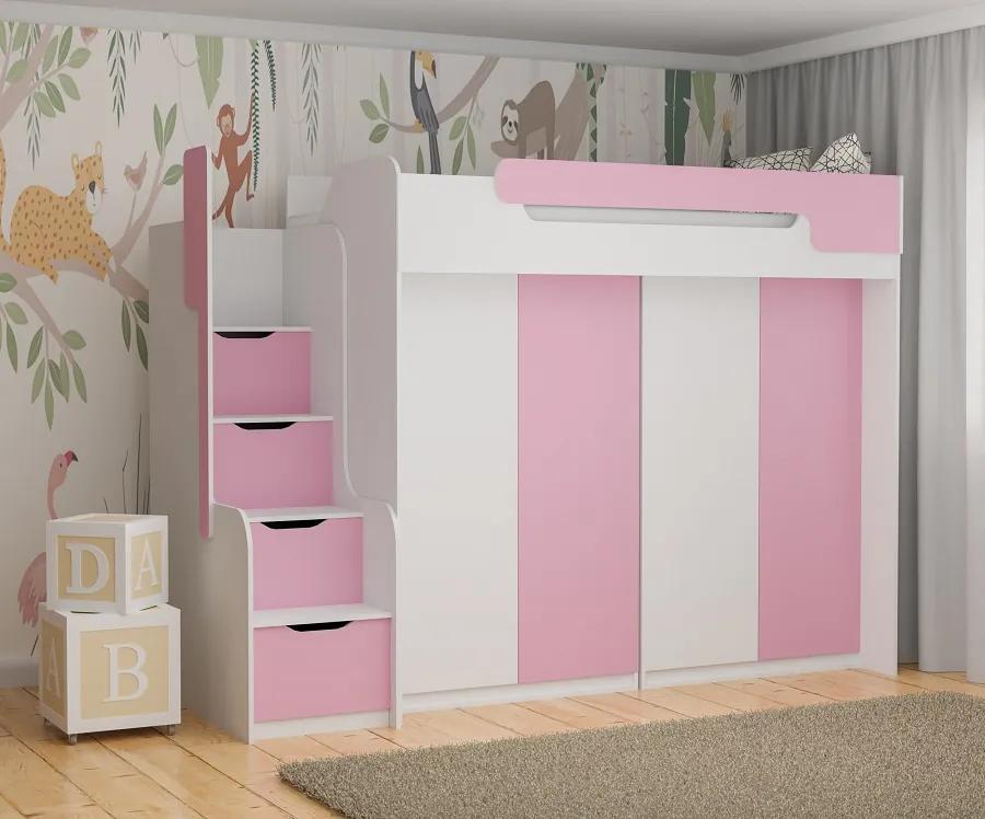 Poschoďová postel Dorian + skříně - růžová