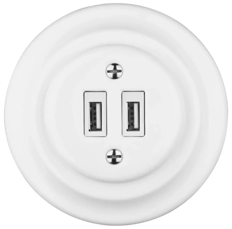 Bohemia-Design - Porcelánová retro USB napájecí zásuvka s rámečkem 2x USB-A bílá