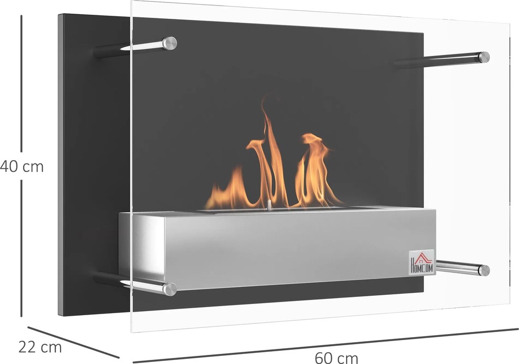 HOMCOM Nástěnný Bioetanolový Krb Ethanolová Kamna Kapacita 1,5 L, 3 Hodiny Hoření, Nerezová Ocel pro 20-25 m² 60x22x40 cm Černá