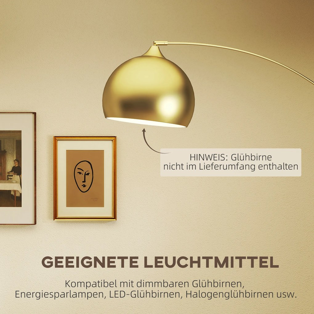 HOMCOM Oblouková lampa, stojací lampa, výškově nastavitelná, nožní vypínač, podstavec s efektem mramoru, 170-180cm, zlatá/černá