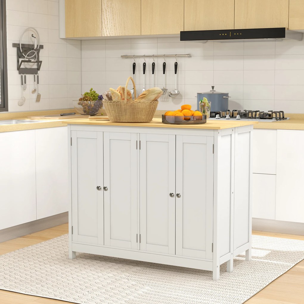 HOMCOM Kuchyňský Islandový Vozík se 2 Stoličkami, Sada Barového Stolu a Stoliček s Sklopným Pracovním Pultem, 2 Skříně s 4 Dveřmi, Moderní Design, Bí…