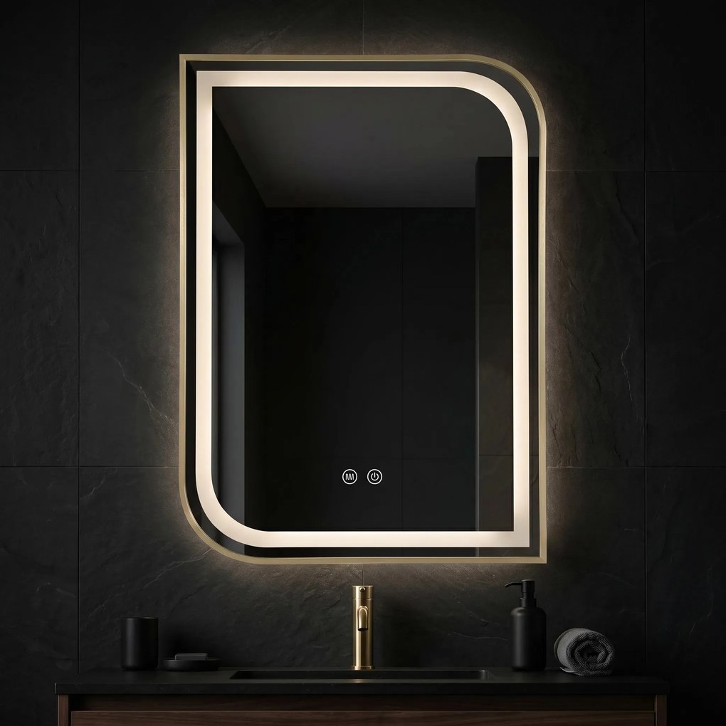 Tutumi Zrcadlo 70x50 cm s vyhříváním a regulovatelným LED osvětlením HOM-00303 zlatá