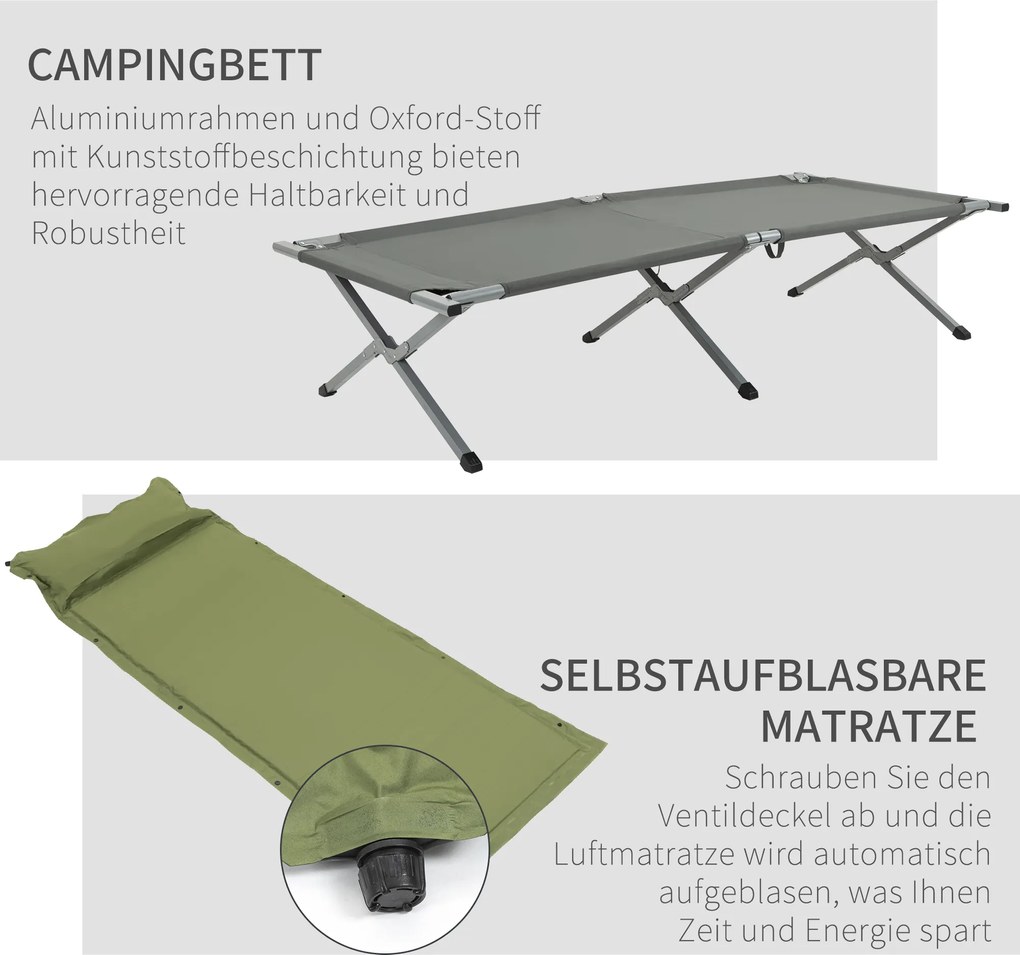 Kempinkové lůžko Outsunny se stanem pro 1 osobu, zvýšené kempinkové lůžko s kopulovitým stanem a nafukovací matrací, včetně tašky na přenášení, šedé …
