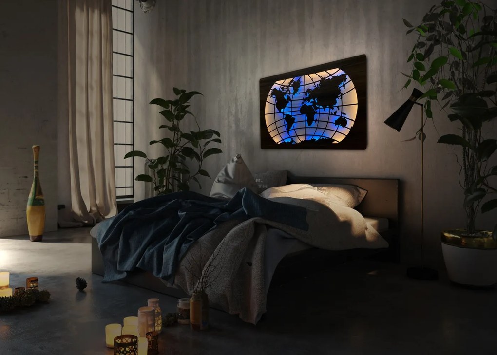 Li-Go "Mapa světa rovnoběžky" světelný RGBW obraz 230V 125x74 cm provedení povrchu: ořech