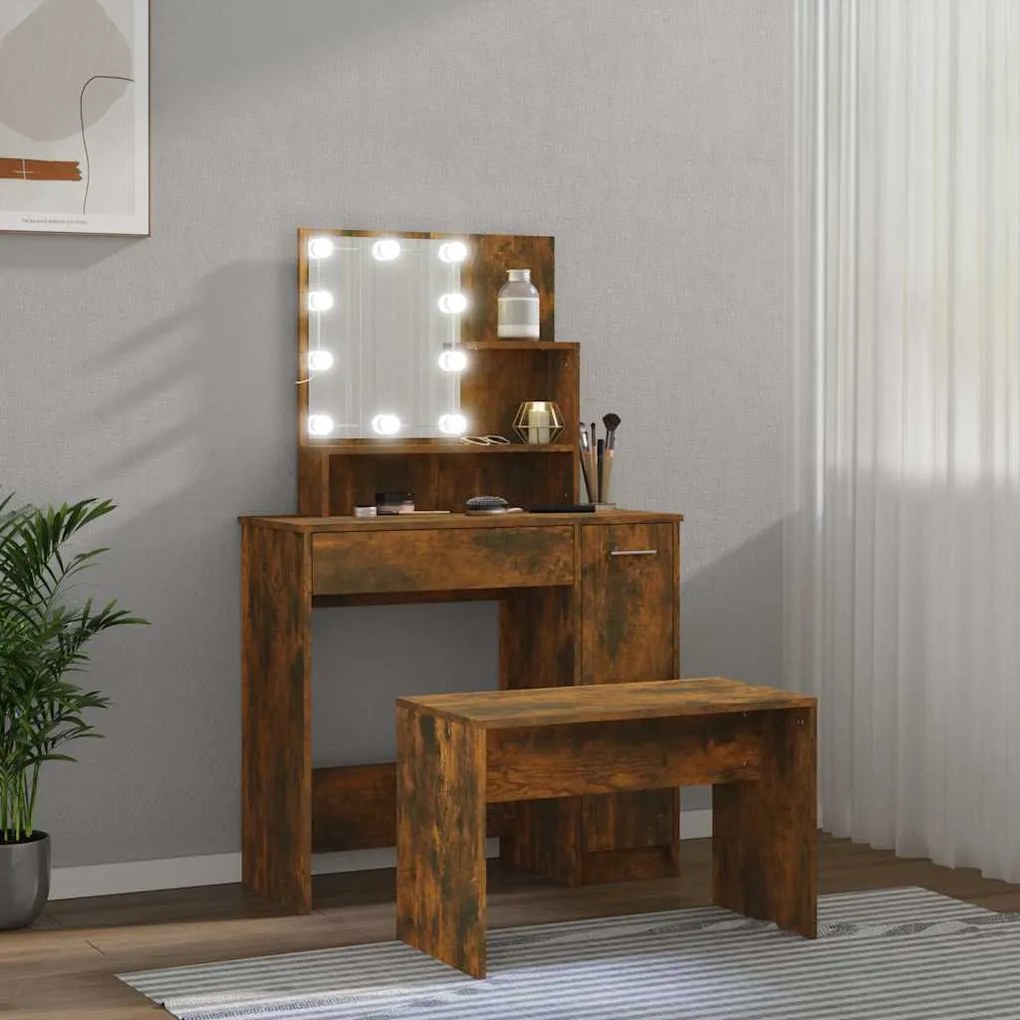 Toaletní stolek sada s LED kouřový dub kompozitní dřevo 3114120