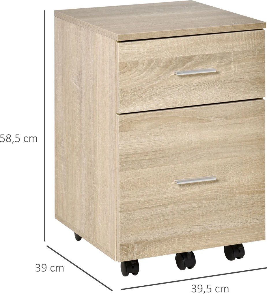Vinsetto Mobilní kancelářský podstavec skříňka na ukládání s 2 zásuvkami a 5 kolečky, Dřevotříska, 39,5 x 39 x 58,5 cm, Dub