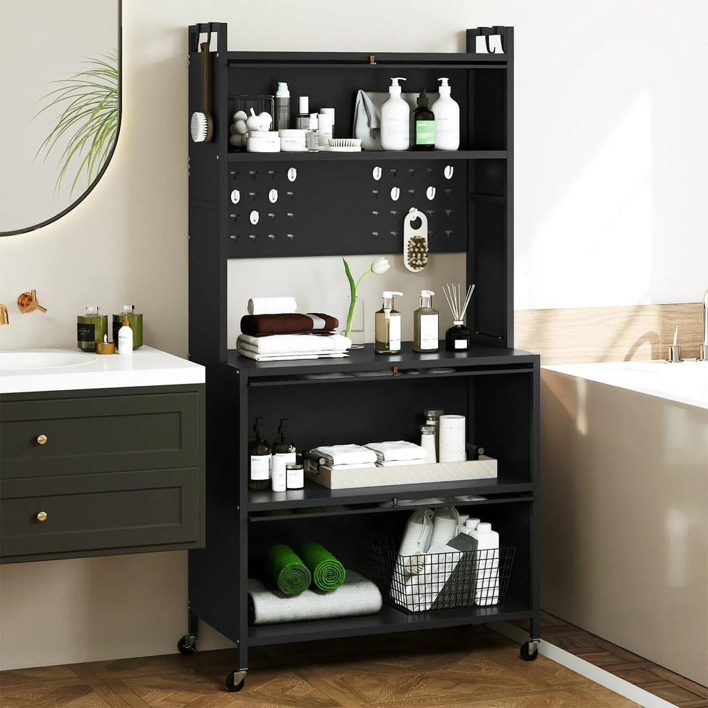 Costway Vysoká kuchyňská skříňka s kolečky a skládacími dvířky a pegboard