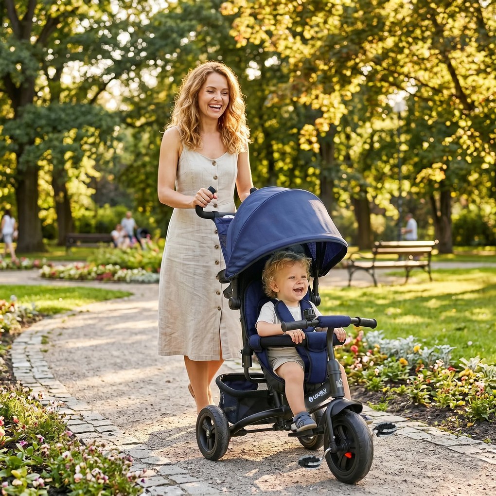 HOMCOM 6-in-1 Tříkolka s Rukojetí pro Rodiče, Dětská Tříkolka s Odnímatelnou Slunečníky, Polstrováním, Balance Bike s 5-Bodovým Bezpečnostním Páscem,…
