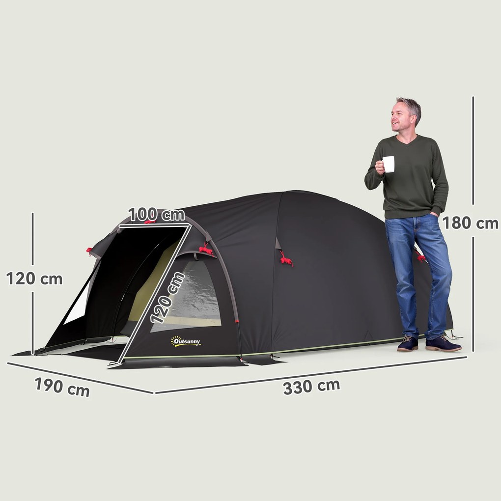 Outsunny Stan pro 4 Osoby, Lehký, Stabilní, Voděodolný UV 50+ Tunelový Stan s Markýzou, Bočními Dveřmi a Okny, Rodinný Stan s Podlážkou a Vodním Slou…