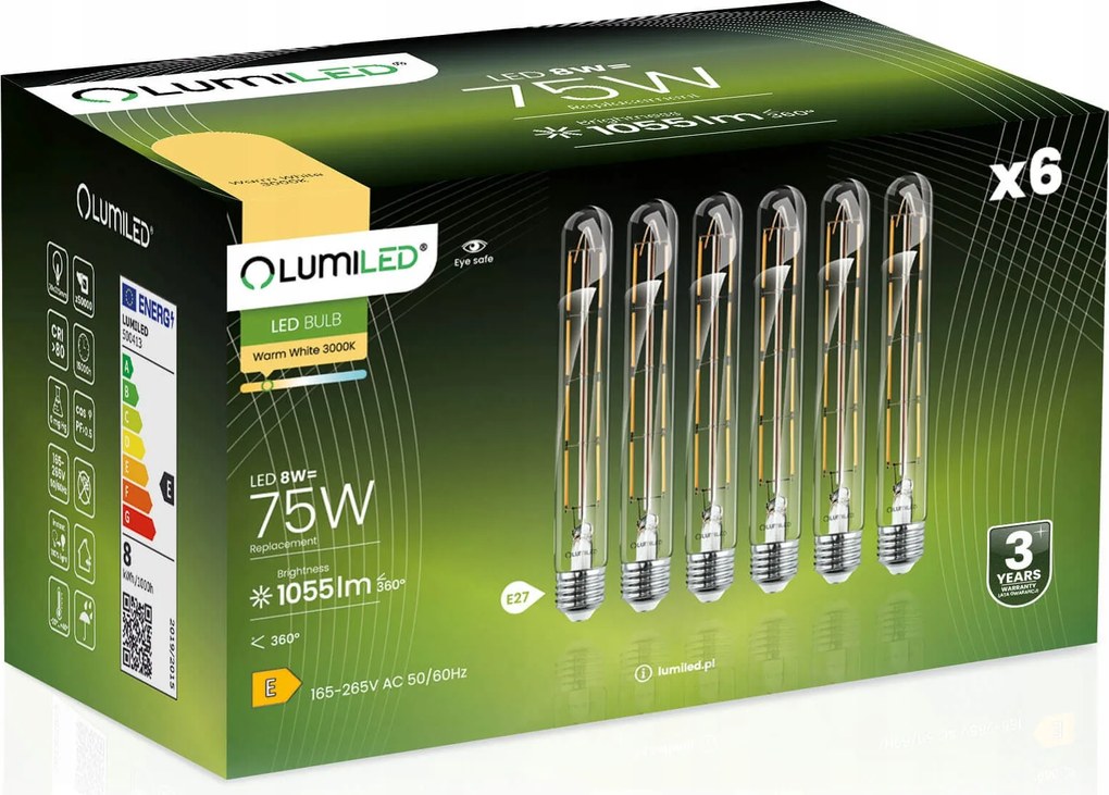 6X Led žárovka E27 Tuba T30 8W 65W 3000K Lumiled