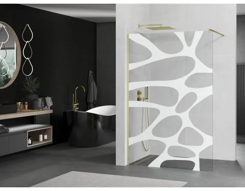 Mexen Kioto, sprchová zástěna Walk-In 140 x 200 cm, 8mm čiré sklo bílý vzor, zlatý matný profil, 800-140-101-55-97