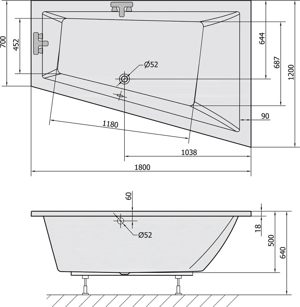 Polysan Triangl R Slim 180 x 120 cm vana asymetrická akrylátová pravá 20611S