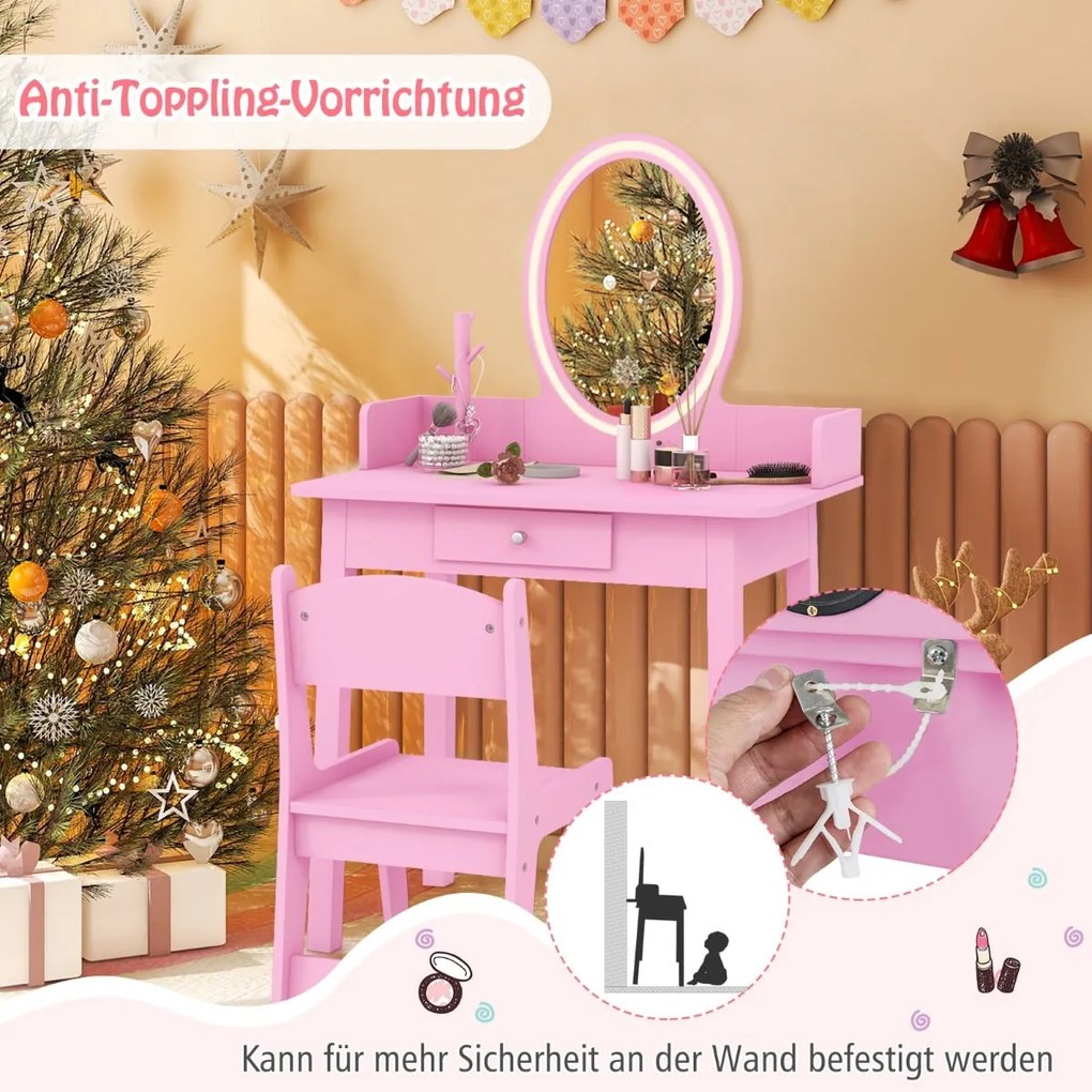 Costway Dětský toaletní stolek 2 v 1 s toaletním stolkem taburetka se světle
