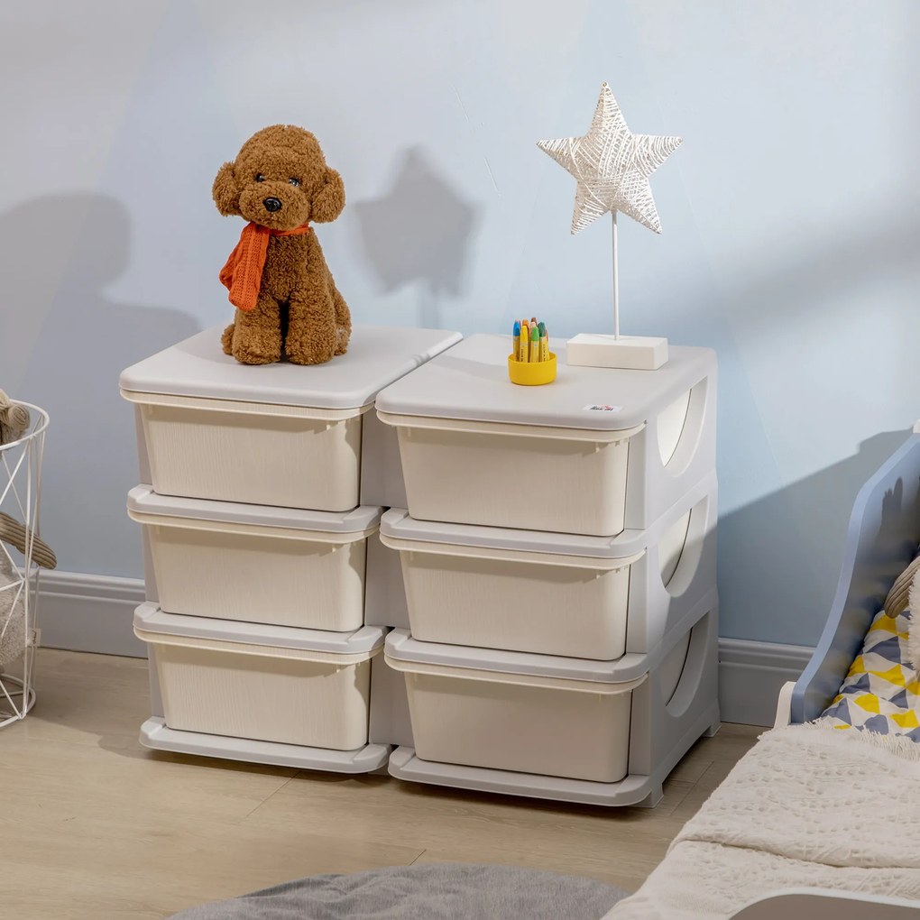 HOMCOM Plastový úložný box, 6 zásuvek, organizér na hračky, malá zásuvková skříňka pro děti, krémově bílá