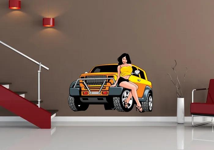 Xdecor Dívka u auta 4 (60 x 42 cm) - Barevná samolepka na zeď