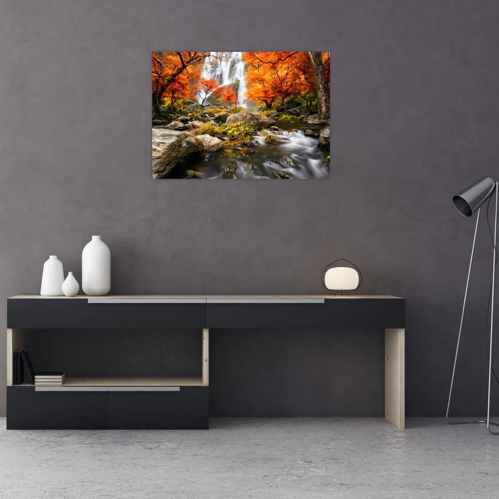 Skleněný obraz - Vodopády v oranžovém lese (70x50 cm)