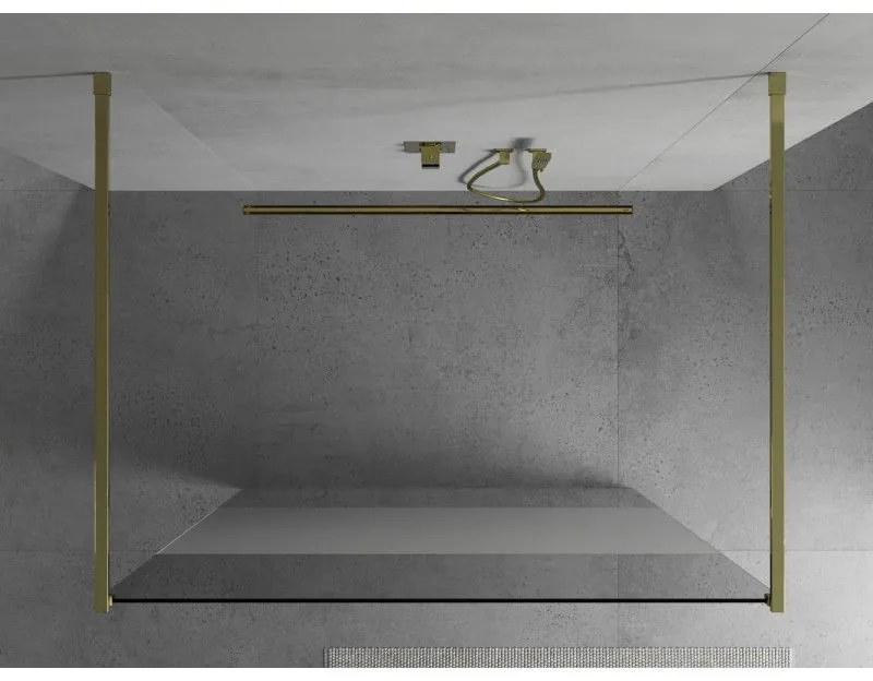 Mexen Kioto, průchozí sprchová zástěna 140 x 200 cm, 8mm čiré sklo/námraza, 2x zlatá stabilizační rozpěra, 800-140-002-50-35