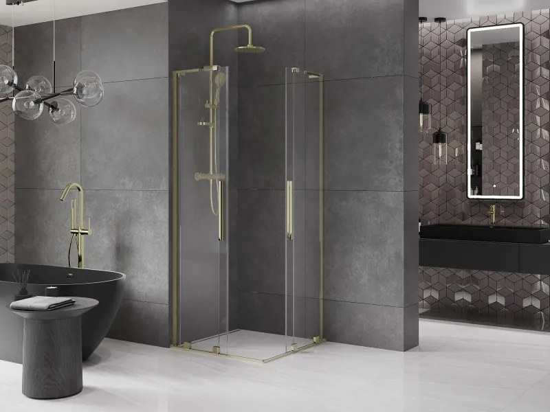 Mexen Velar L Duo, sprchový kout s posuvnými dveřmi 100 x 100 cm, 8mm čiré sklo, zlatá lesklá, 871-100-100-02-03-50