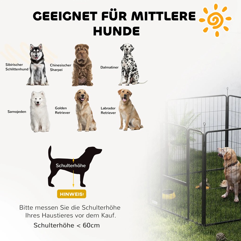 PawHut Cvičební výběh pro štěňata 100 cm vysoký, 6dílný psí výběh DIY s dveřmi, volně se pohybující voliéry pro malé, střední a velké psy, ocel, šedá
