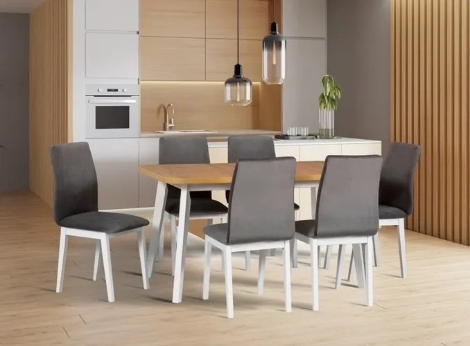 Jídelní sestava DX20 odstín lamina (deska stolu) artisan, odstín dřeva (židle + nohy stolu) dub, potahový materiál látka