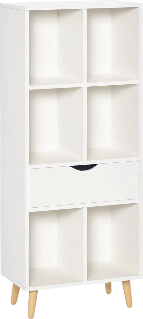 HOMCOM Knihovna s 1 Zásuvkou a Dřevěnými Nohami, 6 Otevřených Úložných Kompartmentů pro Knihy, Rostliny a Dokumenty, 50x29,5x120 cm Bílá | Aosom