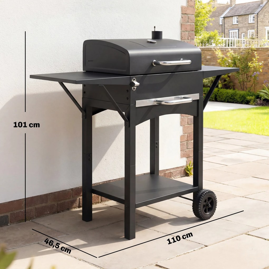 Outsunny gril na dřevěné uhlí s poklopem — BBQ vozík s 2 bočními stolky, velká grilovací plocha, teploměr a kolečka, 110 x 46,5 x 101 cm (černý)