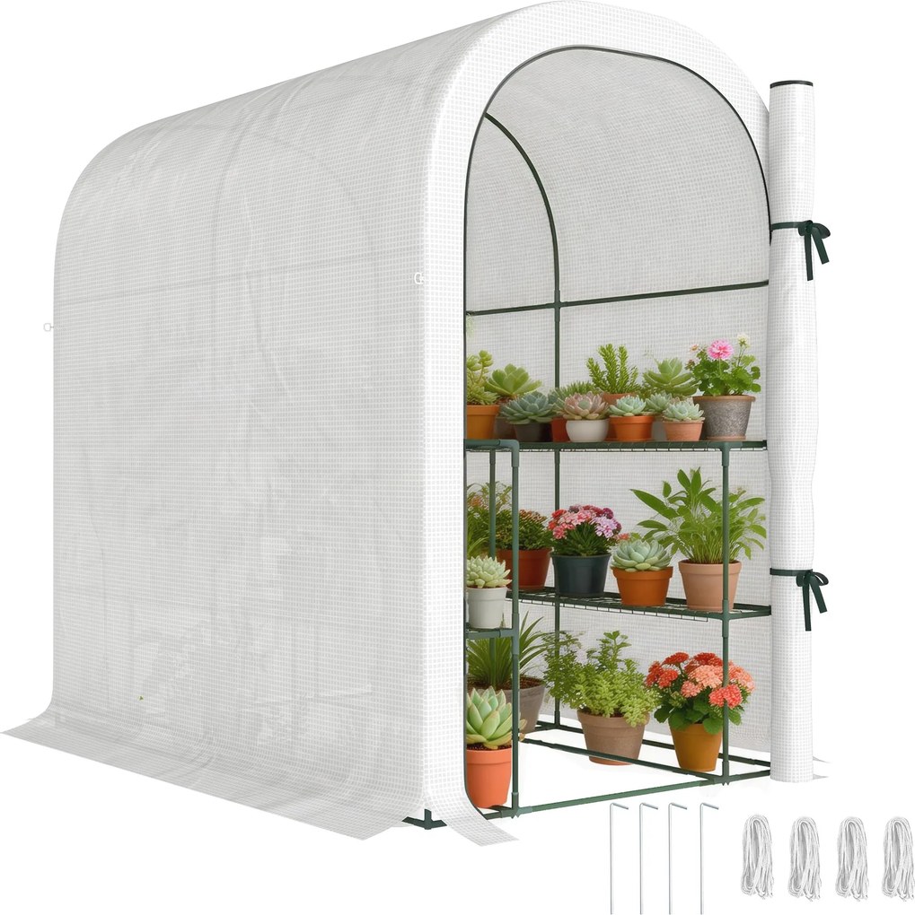 Outsunny zahradní skleník s policemi, 123 x 187 x 189 cm – rolovací dveře, kryt z PE 140 g/m², prodloužený lem 10 cm, bílý | Aosom