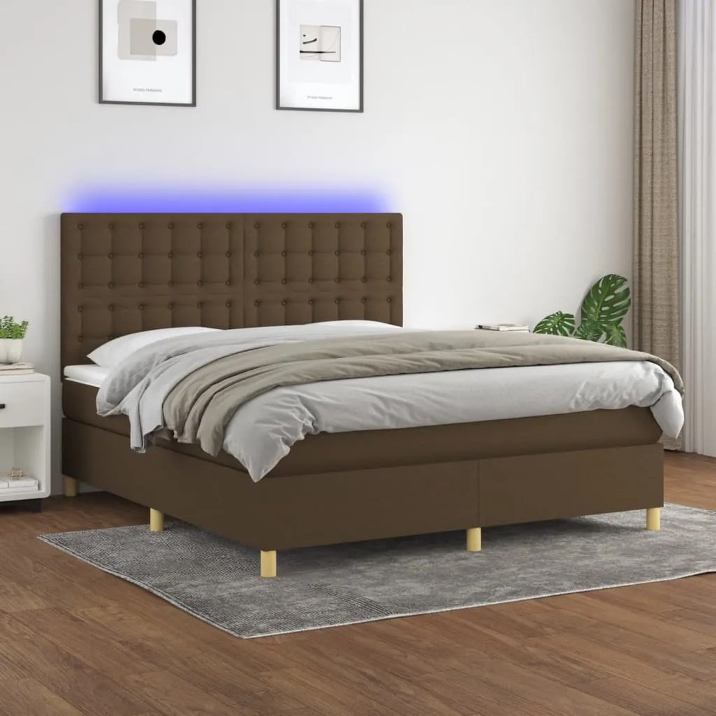 Box spring postel s matrací a LED tmavě hnědá 160x200 cm textil