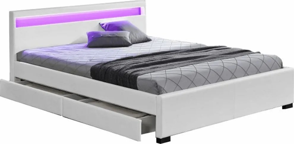 Tempo Kondela Manželská postel s úložným prostorem, RGB LED osvětlení, bílá ekokůže, 180x200, CLARETA