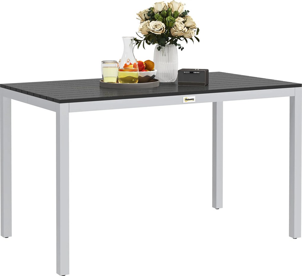 Zahradní stůl Outsunny z hliníku 120x70 cm, odolný vůči povětrnostním vlivům, se vzhledem dřeva, protiskluzový bufetový stůl pro 4-6 osob do zahrady a