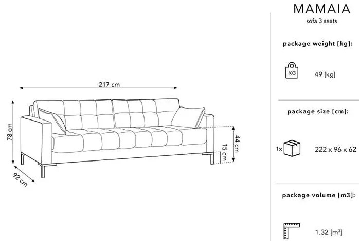 MUZZA Čtyřmístná pohovka mamaia 217 cm samet červená