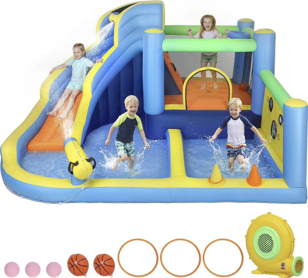 AIYAPLAY Skákací hrad s fukarem 9v1, vodní park, skluzavka, trampolína, bazén s míčky, Oxford, vícebarevný