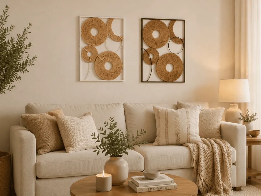 Sada 2 ks nástěnné dekorace CIRCLES kov 48x68 cm, hnědá / bílá