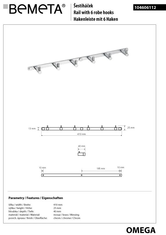 Bemeta Design OMEGA: Věšák, se 6 háčky - 104606112